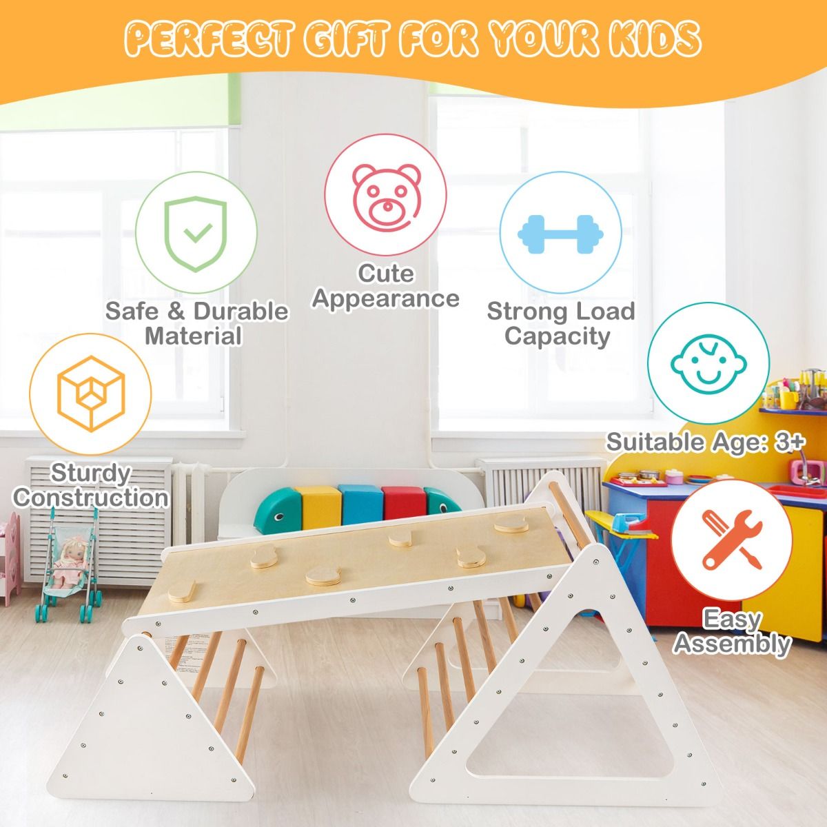 3 In 1 Climbing Toy Set | Beige Triangle Ladders & Ramp For Kids