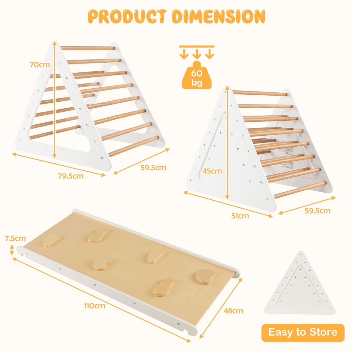 3 In 1 Climbing Toy Set | Beige Triangle Ladders & Ramp For Kids