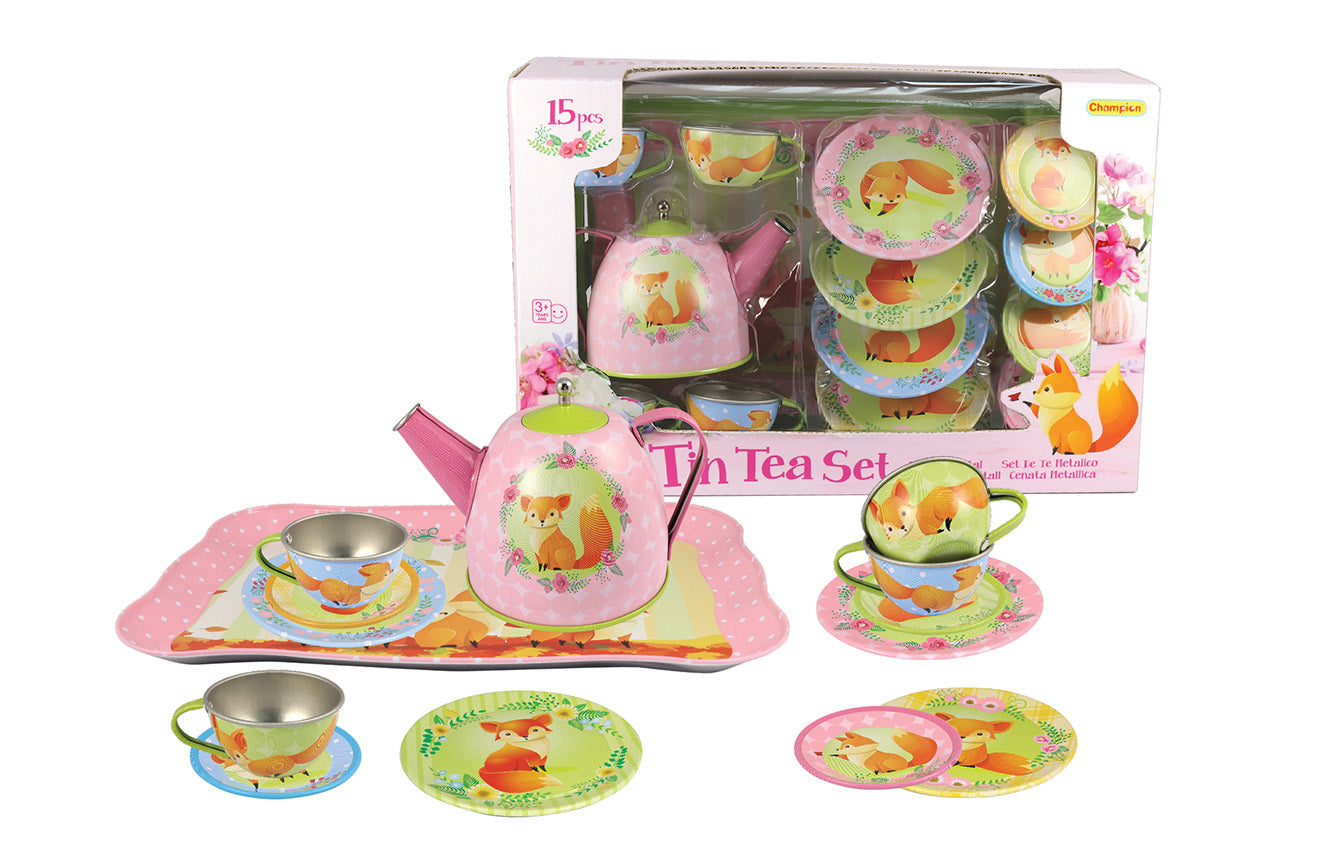 Woodland Fox Tin Tea Set | 15 Pc Colorful Pretend Play Set – Kids Mega Mart