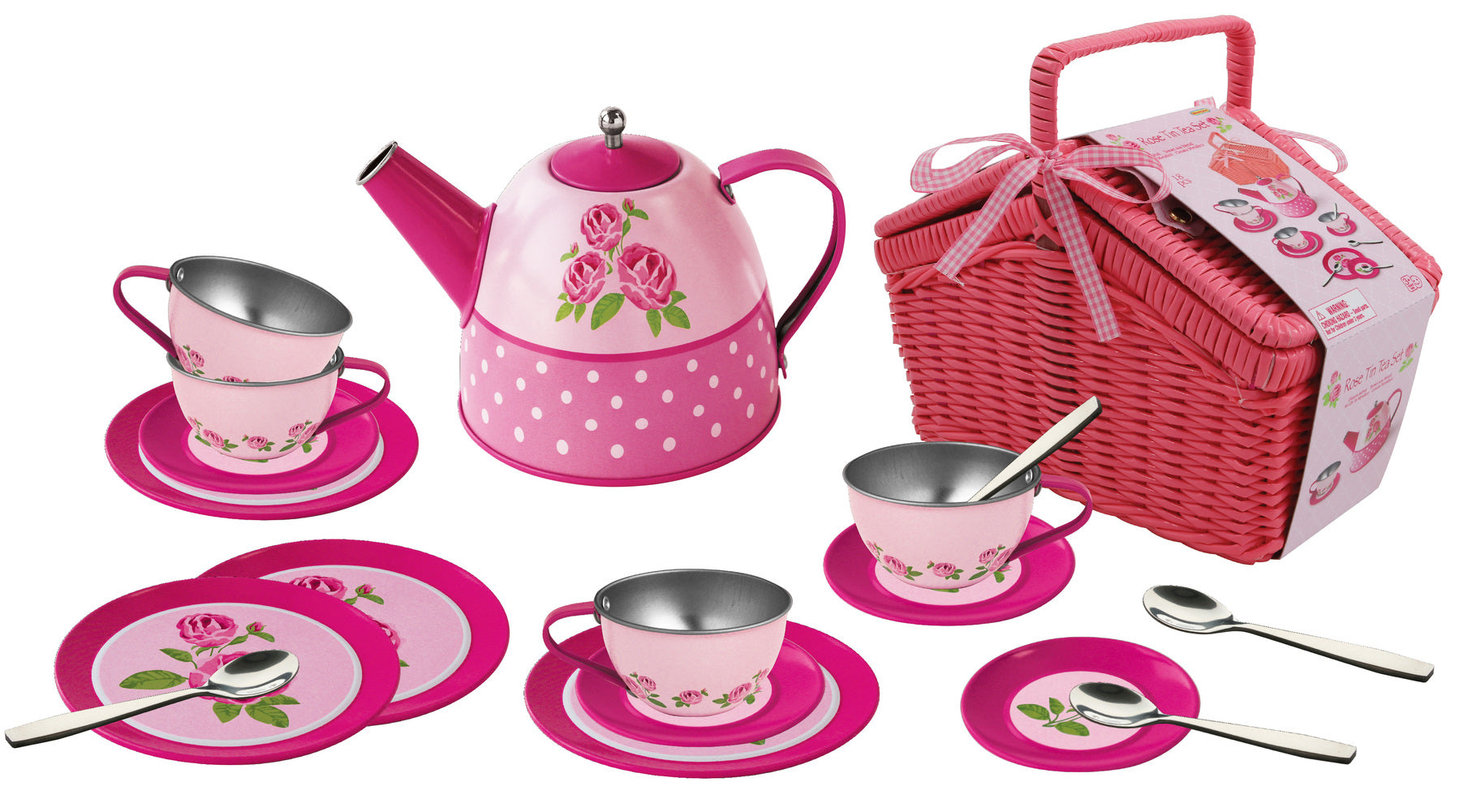 Rose Tin Tea Set | Pink 18-Piece Pretend Play Set in Basket