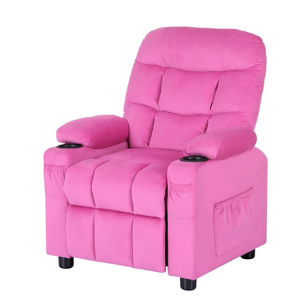 Pink Velvet Kids Recliner Chair with Cup Holders & Storage Pockets