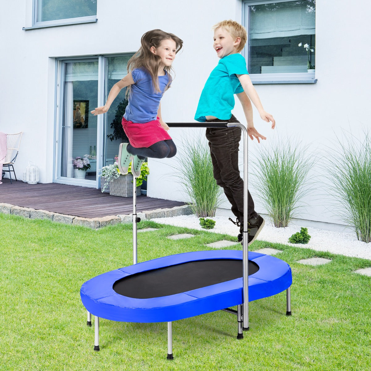 Oval Double Trampoline with Adjustable Handle for Kids & Adults