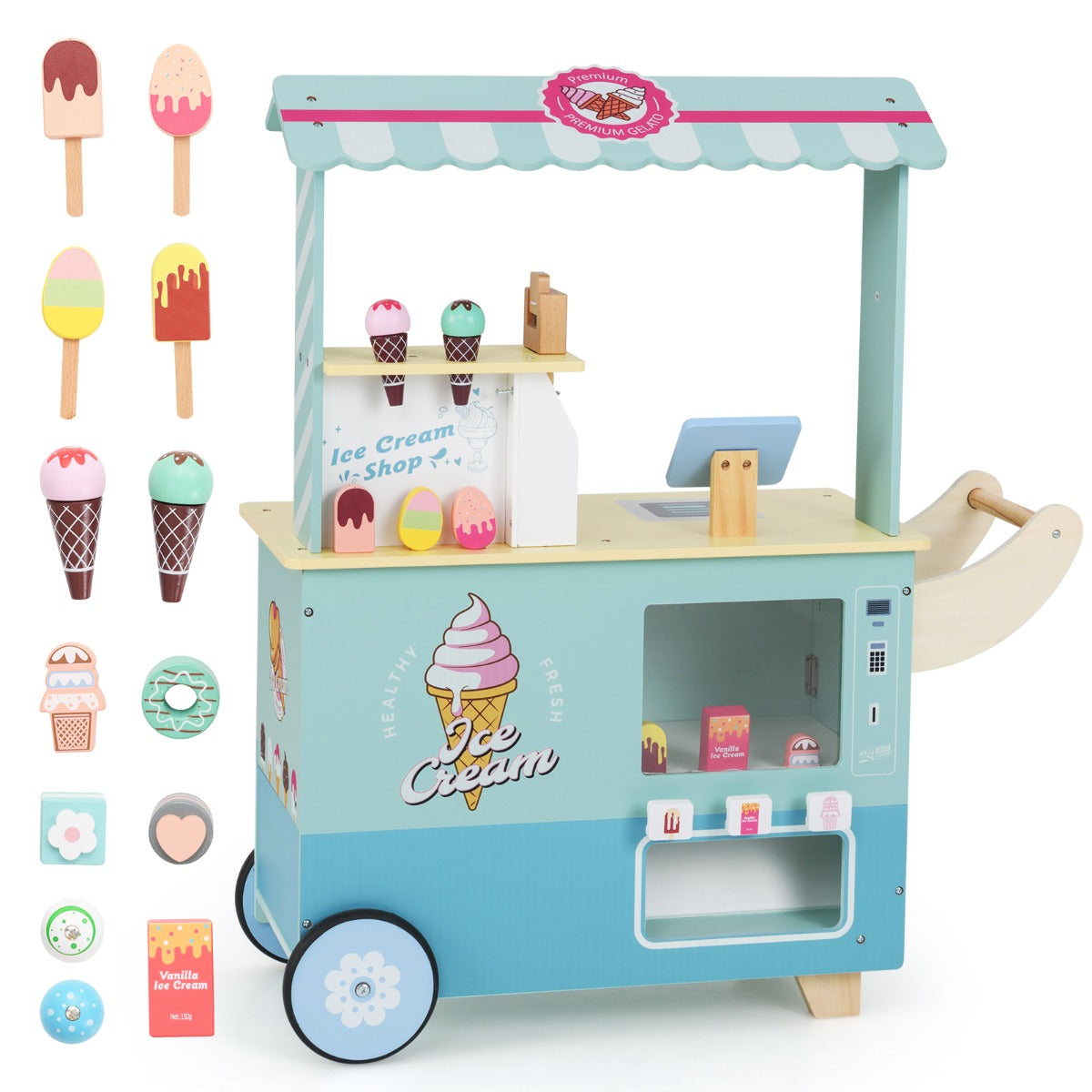 Kids Ice Cream Cart | Pretend Play Vending Set, Green & Pink – Kids ...
