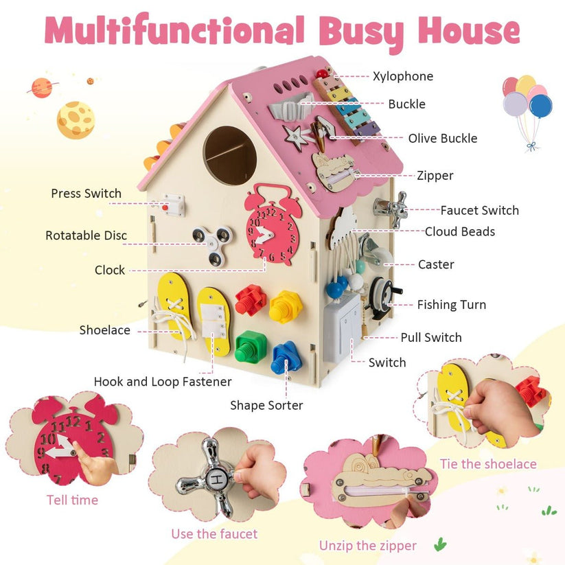Pink Interactive Wooden Busy House for Kids | Sensory Toy