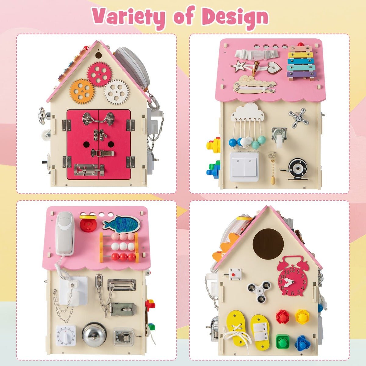 Pink Interactive Wooden Busy House for Kids | Sensory Toy