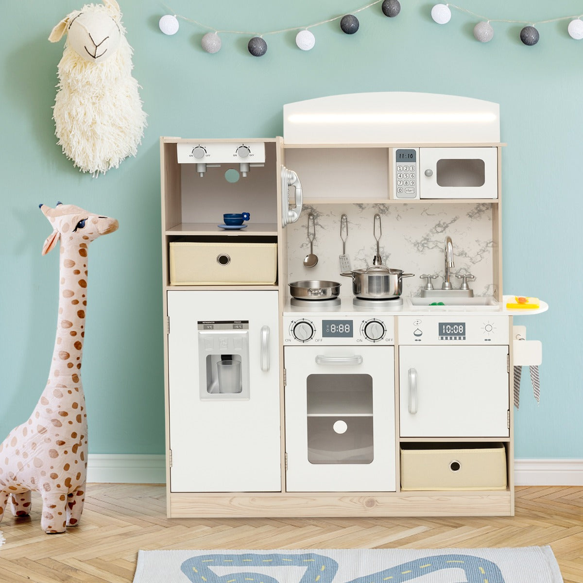 Deluxe Wooden Play Kitchen Set with LED Lights for Kids – Kids Mega Mart