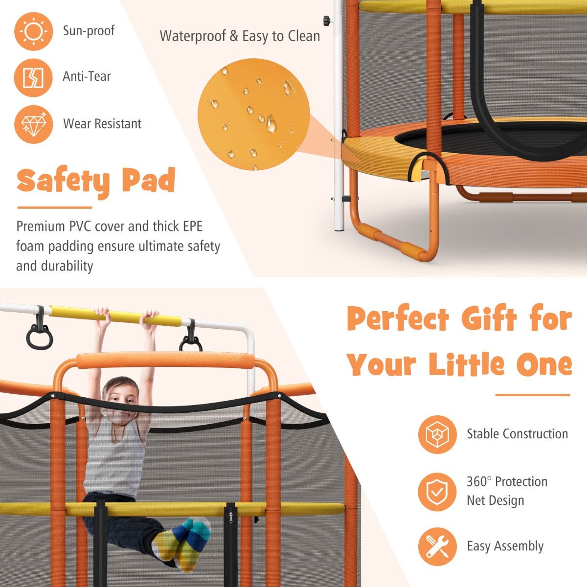 152cm Kids Trampoline Set with Net, Bar and Gymnastic Rings – Kids Mega ...