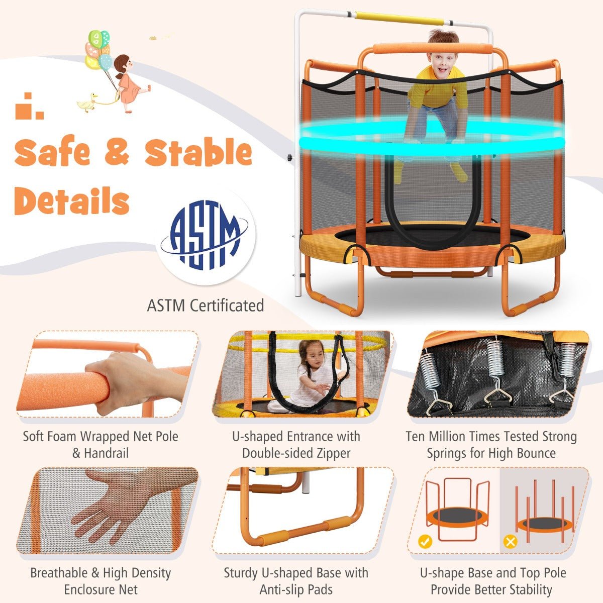 152cm Kids Trampoline Set with Net, Bar and Gymnastic Rings – Kids Mega ...