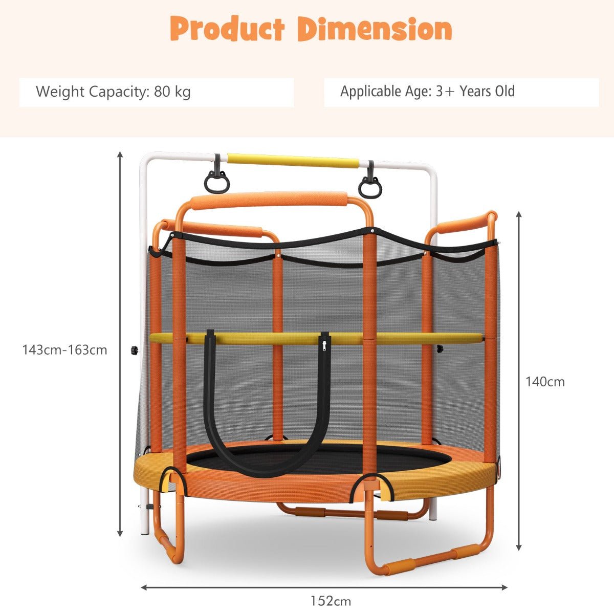 152cm Kids Trampoline Set with Net, Bar and Gymnastic Rings – Kids Mega ...