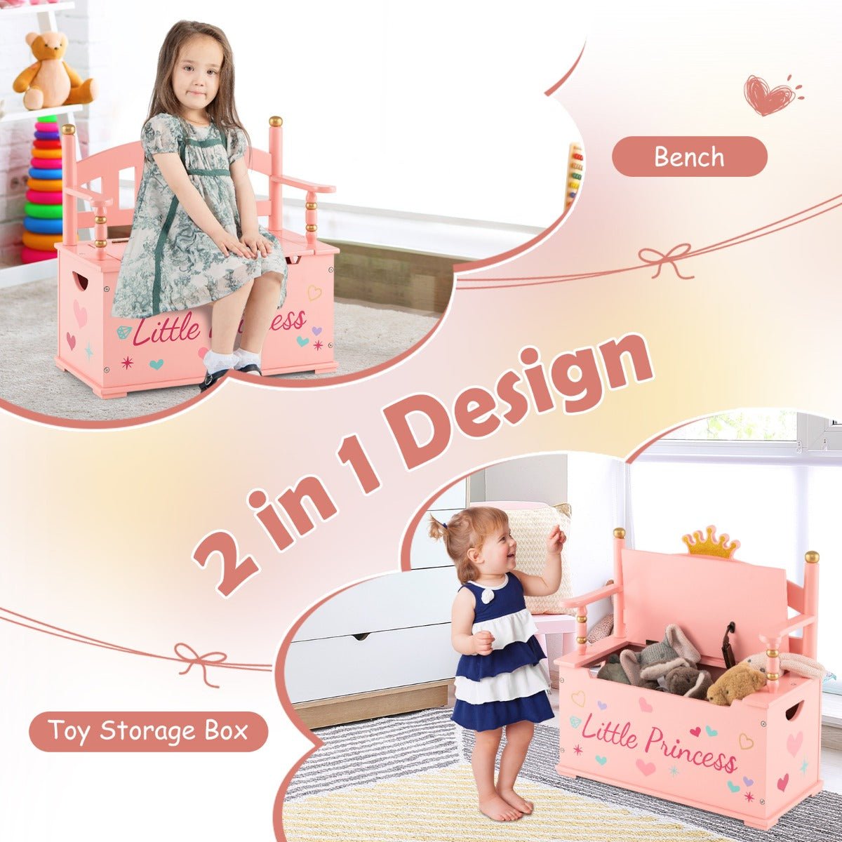2-in-1 Kids Toy Storage Chest & Bench with Safety Hinge & High Backres