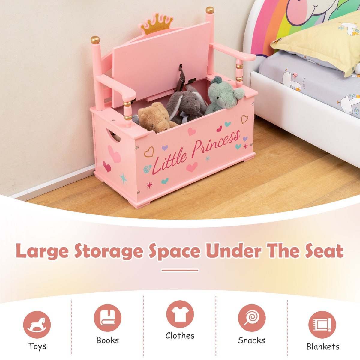 Kids 2-in-1 Toy Storage Chest and Bench with Safety Hinge | Pink