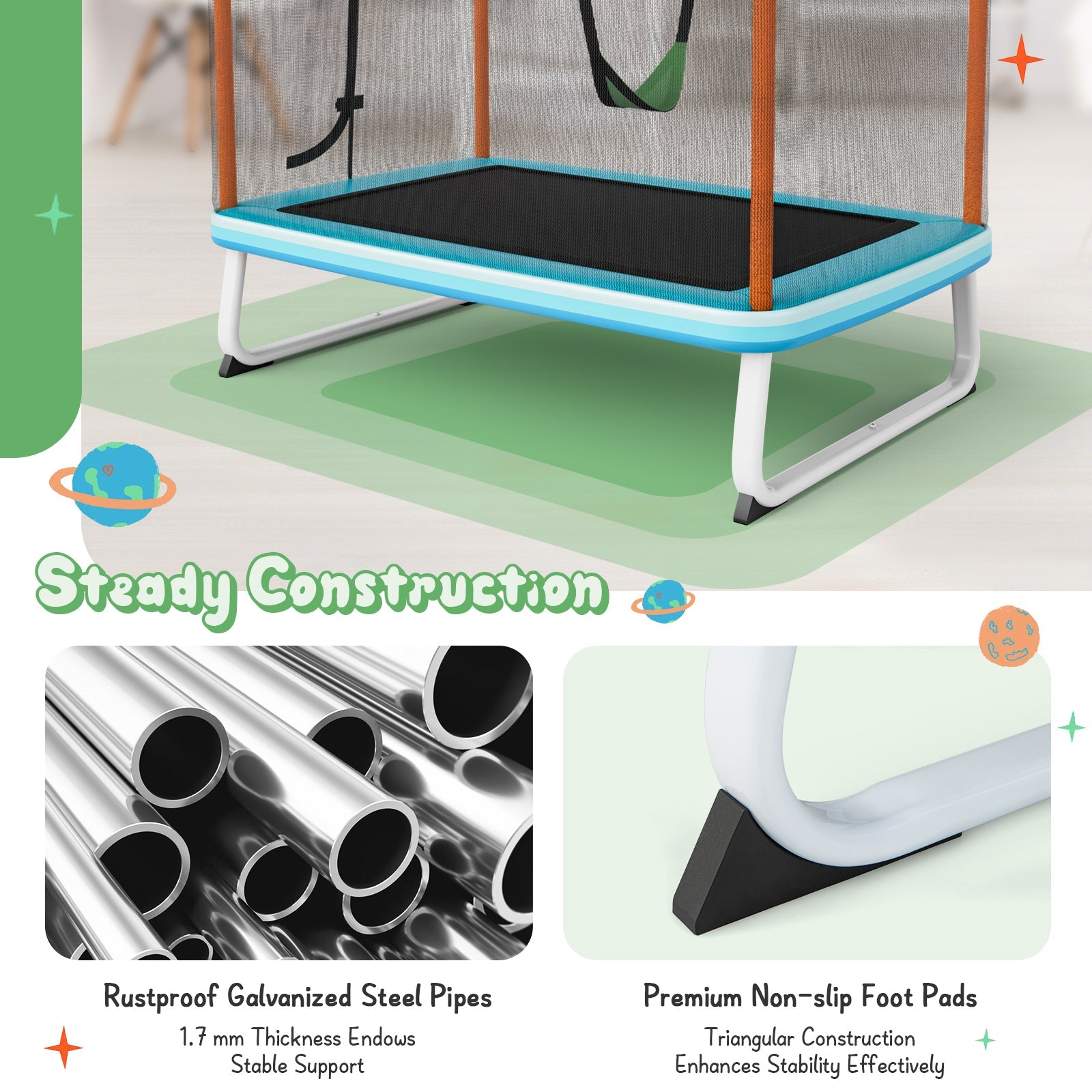 Rectangle Trampoline with Swing | Blue Orange | Kids Mega Mart