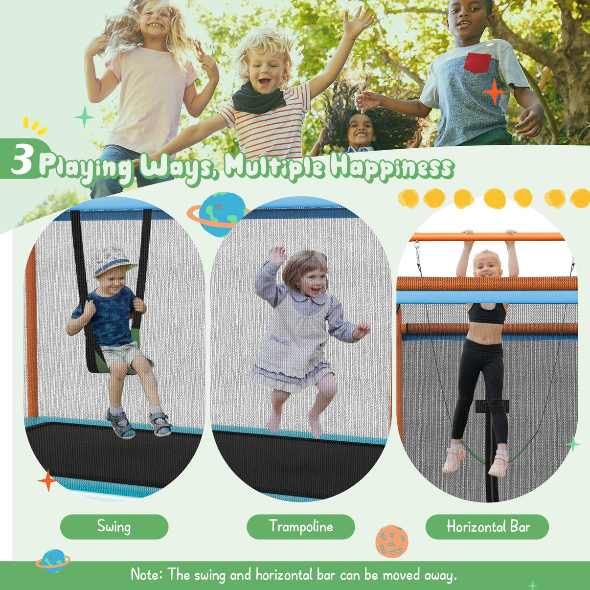 3 in 1 Kids Trampoline | Swing, Bar and Safety Net