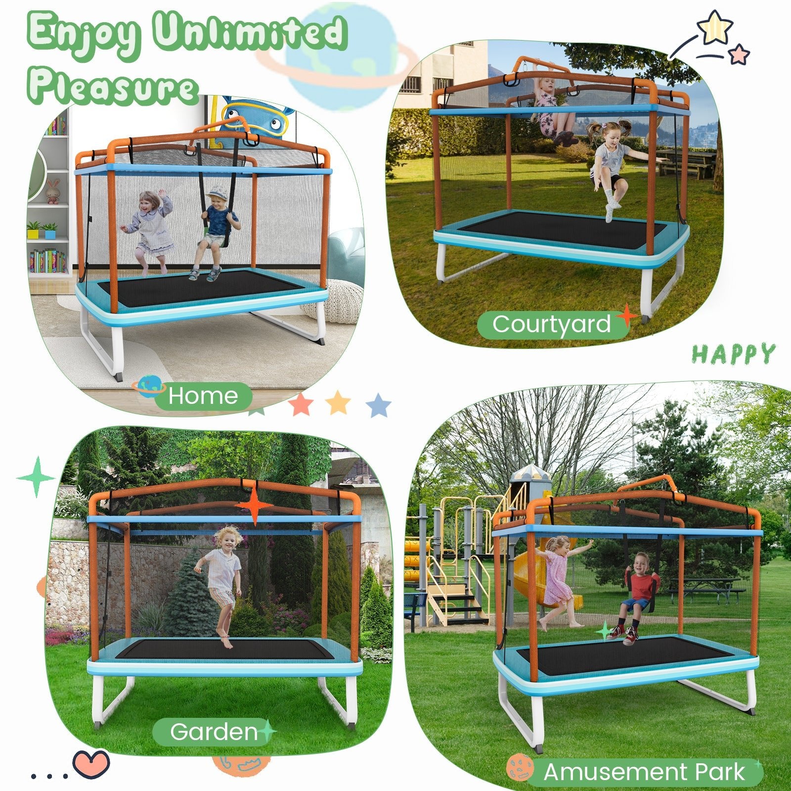 Rectangle Trampoline with Swing | Blue Orange | Kids Mega Mart