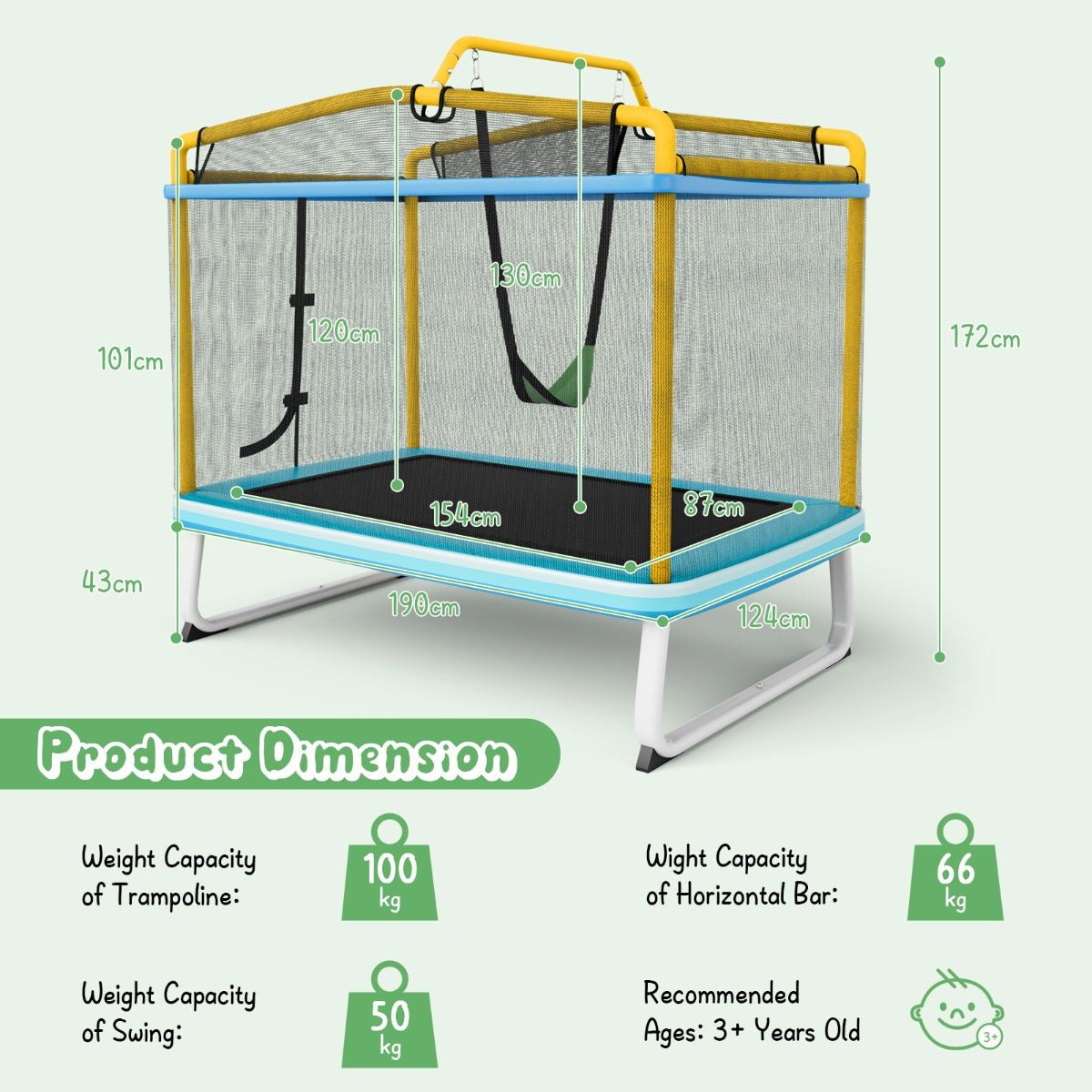 3 in 1 Kids Trampoline with Swing and Bar - Safe Outdoor Fun