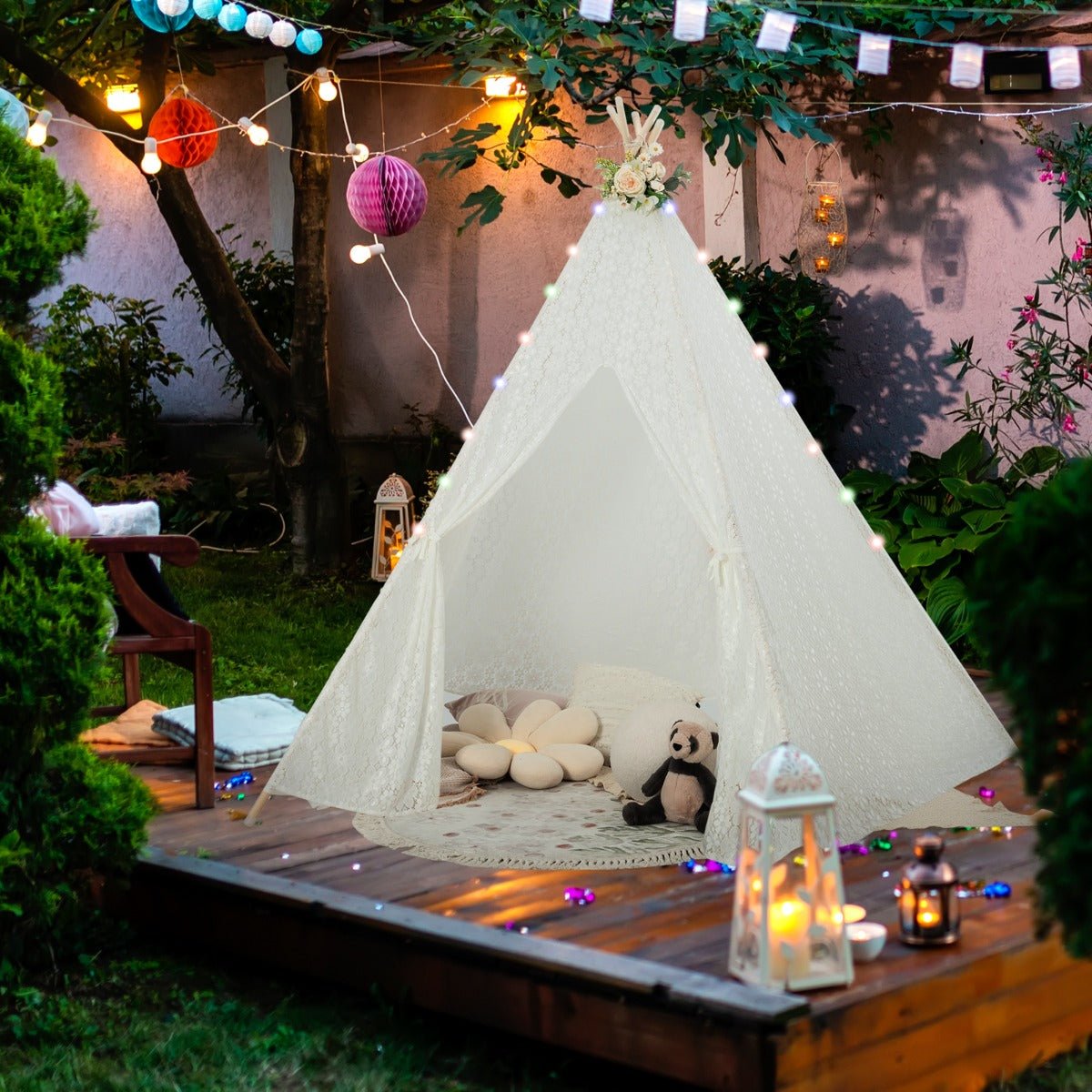 Magical 5-Side Lace Teepee Tent with Fairy Lights for Kids