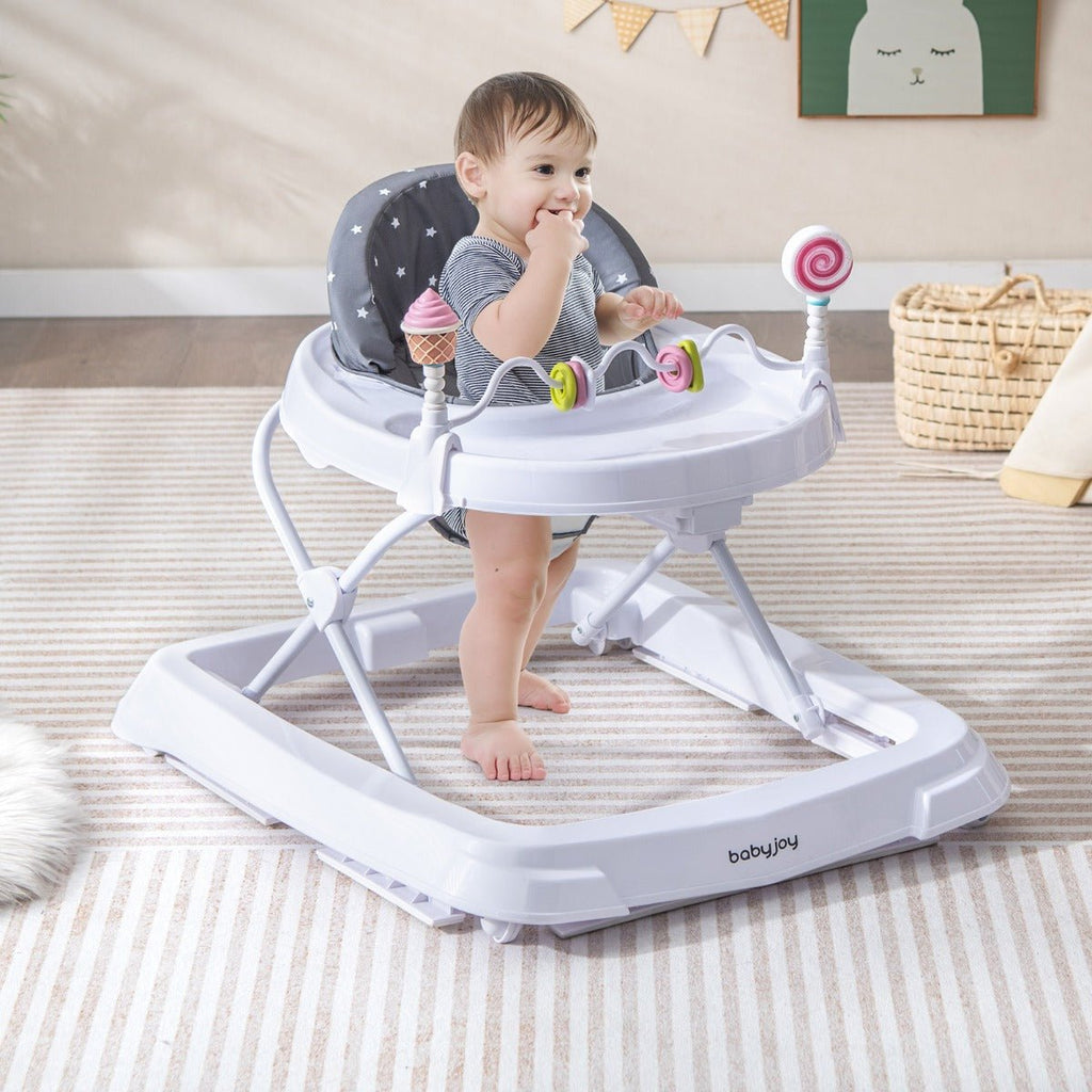 Folding Baby Walker with Wheels & 3-Level Adjustable Height Grey