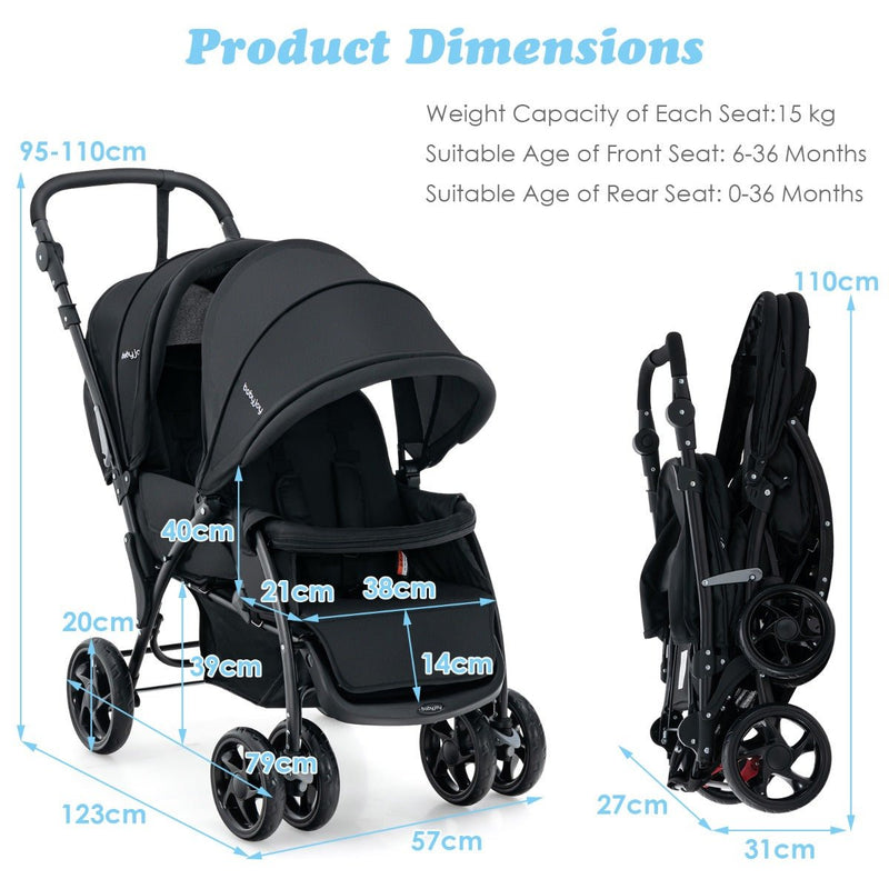 Folding Double Baby Stroller with Tandem Seating & Canopy Black