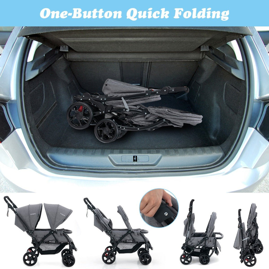 Folding Double Baby Stroller with Tandem Seating & Canopy Grey