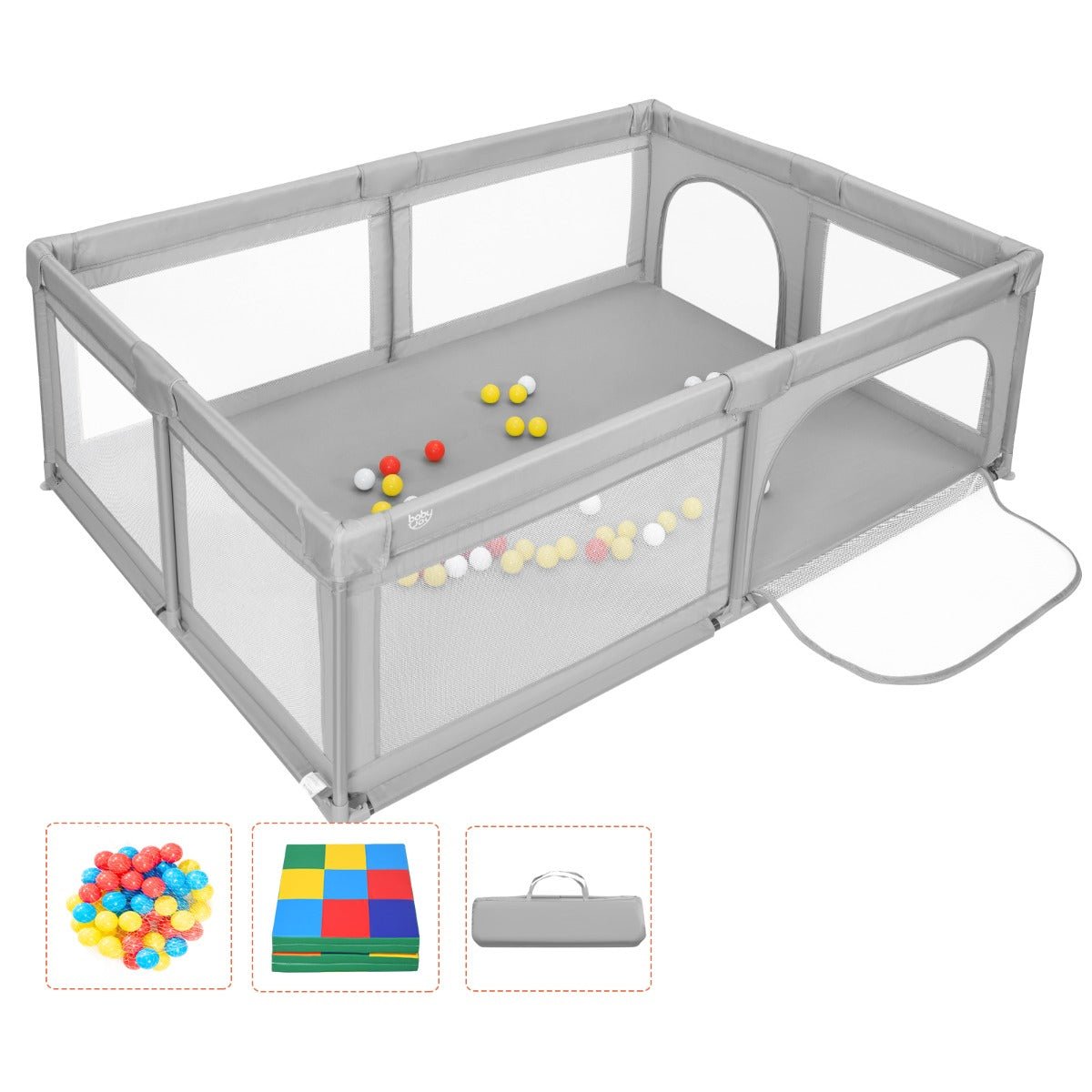 Grey Baby Play Pen with Mat and Balls | Safe and Spacious Playard