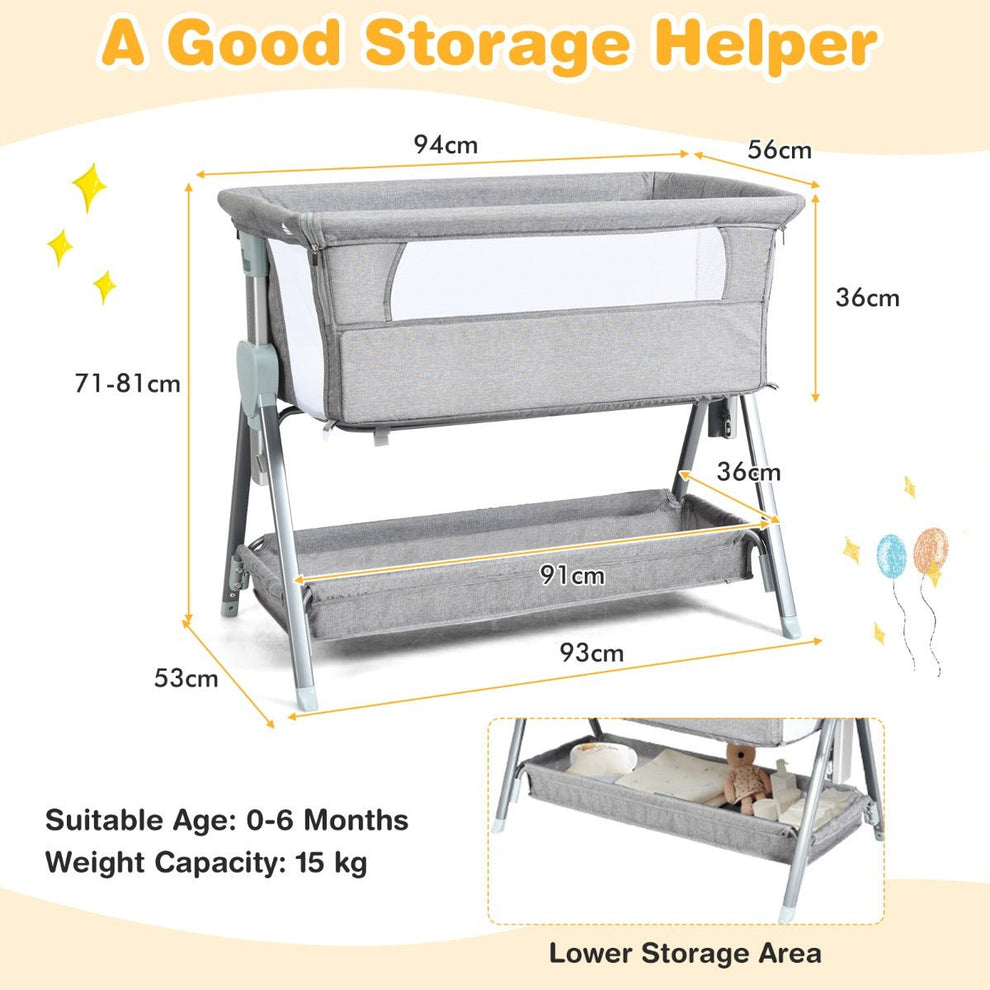 7-Level Adjustable Co-Sleeping Baby Cot with Wheels - Grey