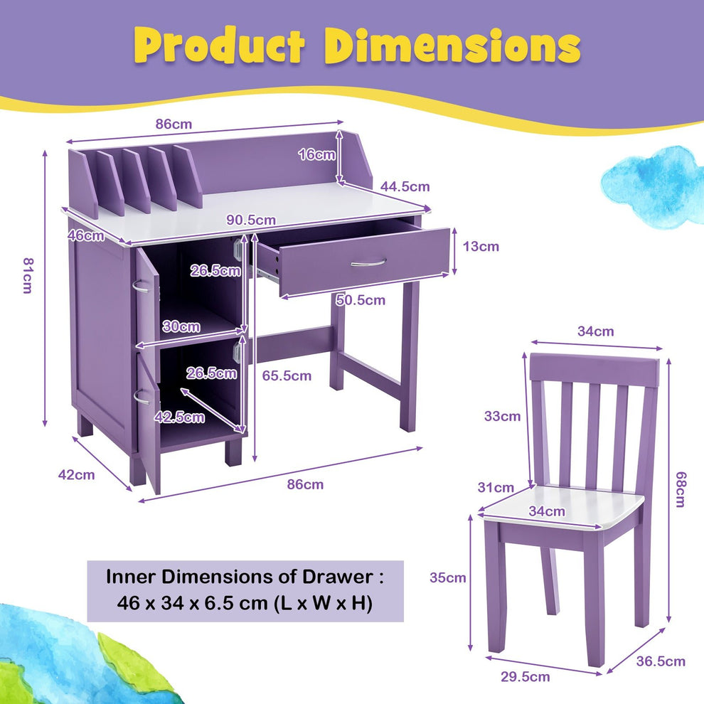 Kids Purple Study Desk and Chair Set with Storage for Ages 4+