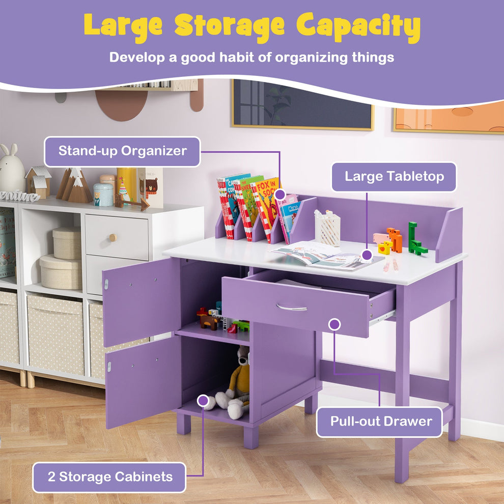 Kids Purple Study Desk and Chair Set with Storage for Ages 4+