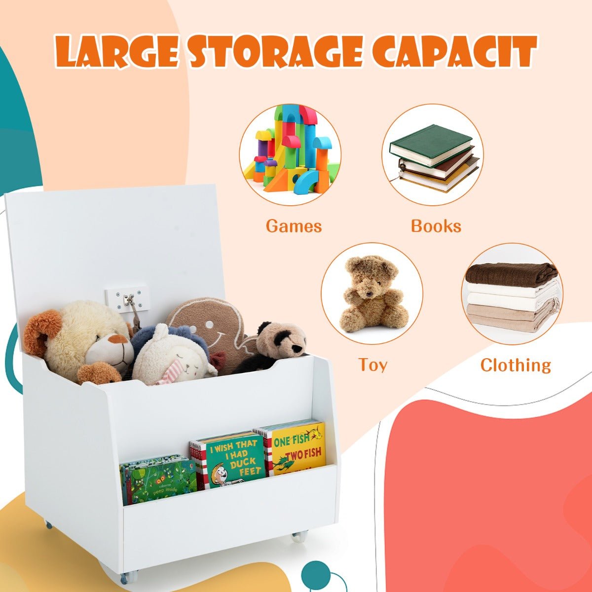 Rolling Toy Storage Chest with Flip top Lid | for Kids Play Area
