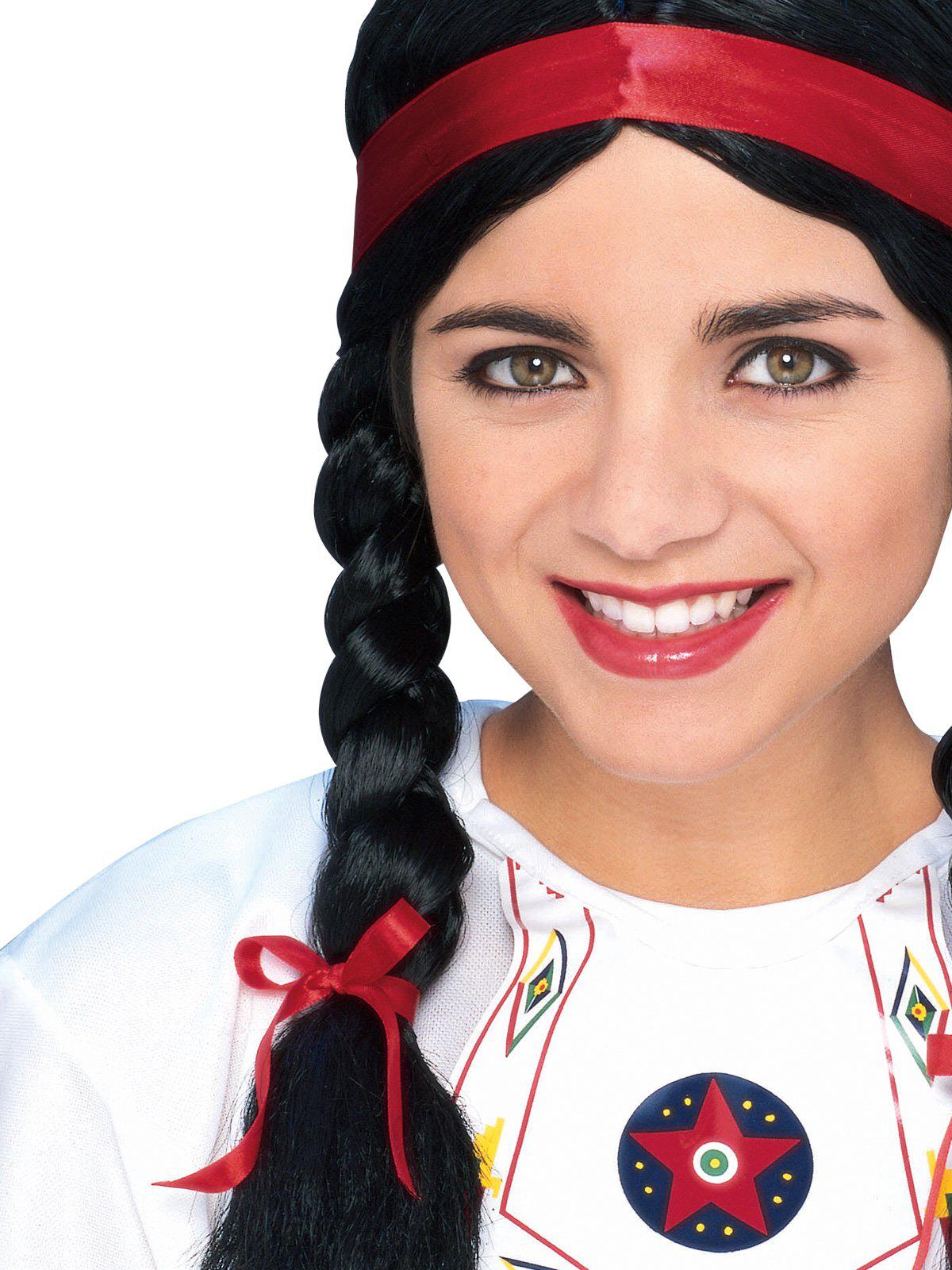 Native American Style Women's Wig with Braids & Red Headband