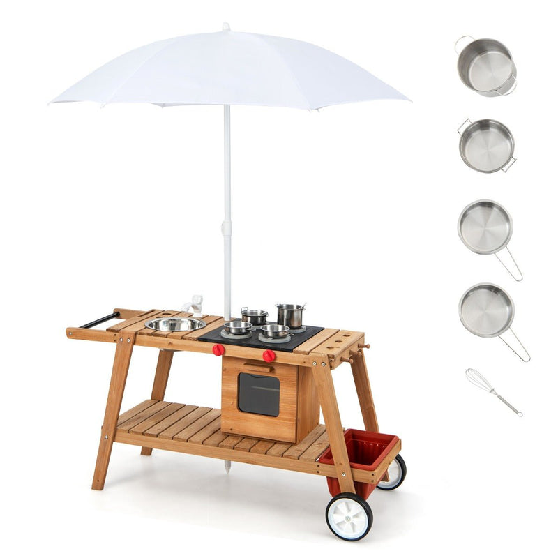 Kids Outdoor Cooking Set Pretend Trolley with Removable Umbrella