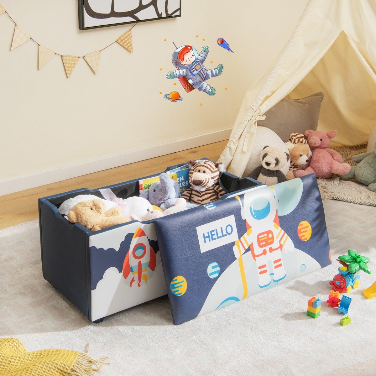 Kids Space Ottoman | Toy Storage and Bench with Soft Lid - Blue