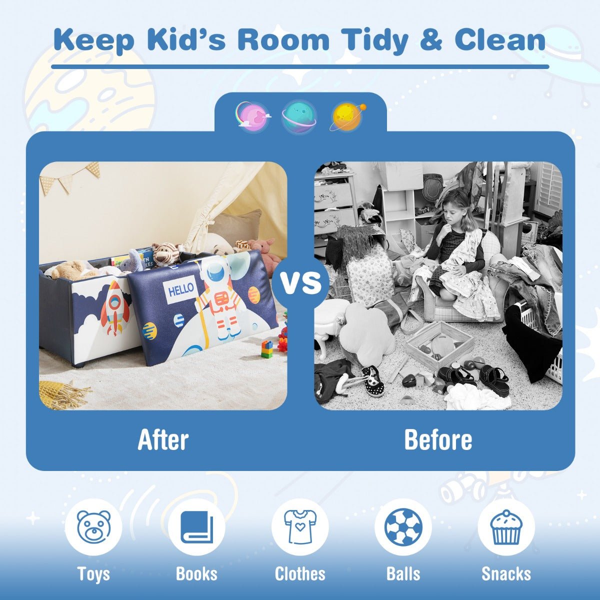 Kids Space Ottoman | Toy Storage and Bench with Soft Lid - Blue