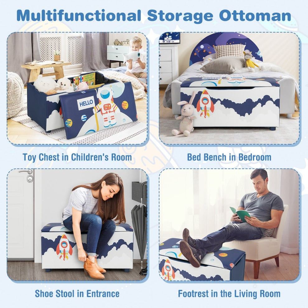 Kids Space Ottoman | Toy Storage and Bench with Soft Lid - Blue