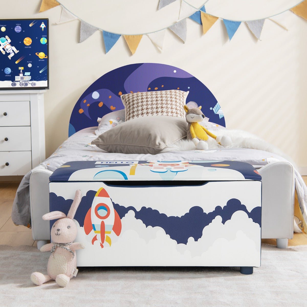 Kids Space Ottoman | Toy Storage and Bench with Soft Lid - Blue