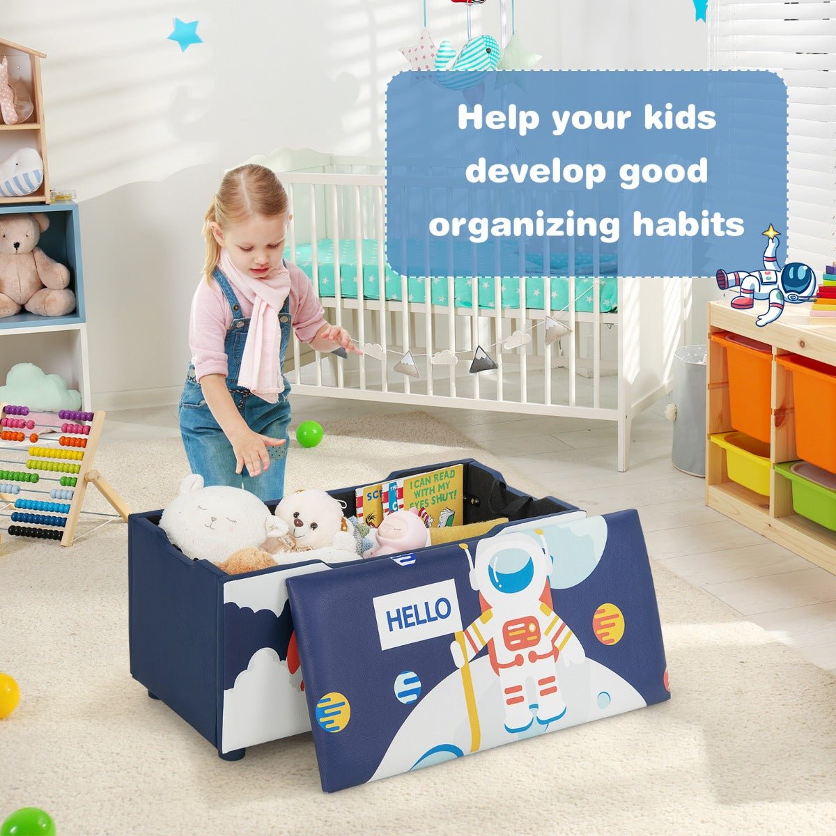 Kids Space Ottoman | Toy Storage and Bench with Soft Lid - Blue