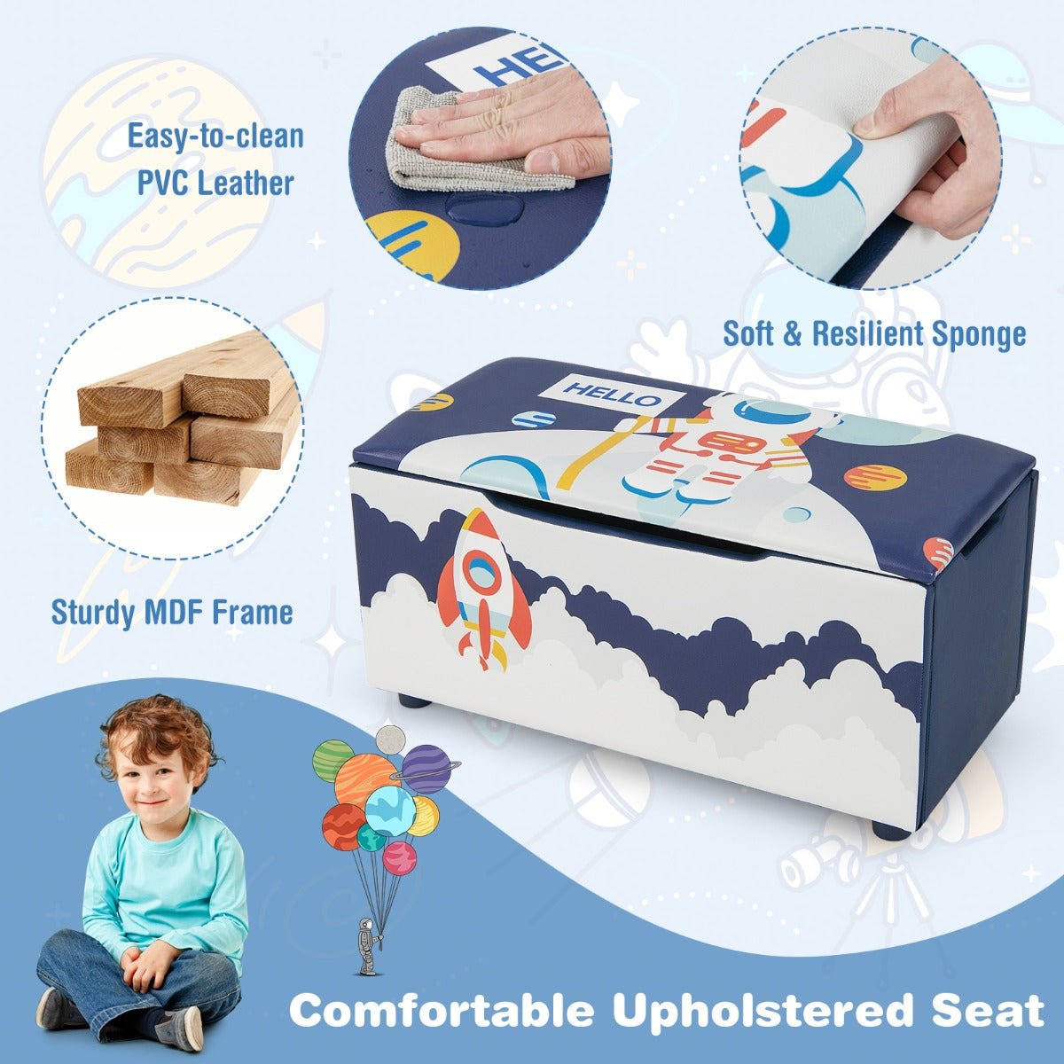 Kids Space Ottoman | Toy Storage and Bench with Soft Lid - Blue