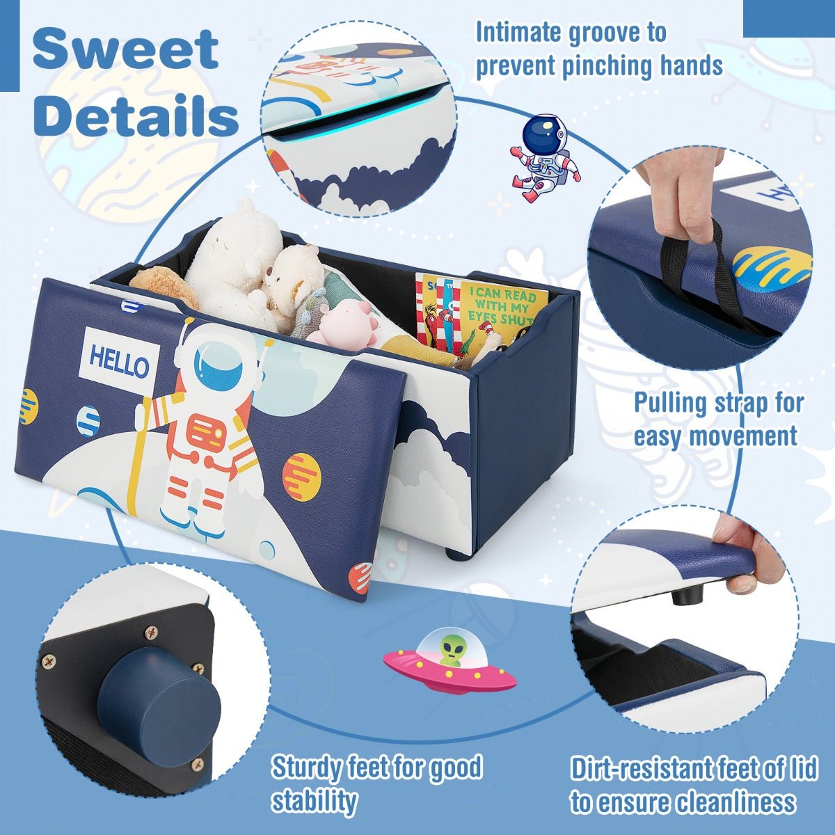 Kids Space Ottoman | Toy Storage and Bench with Soft Lid - Blue