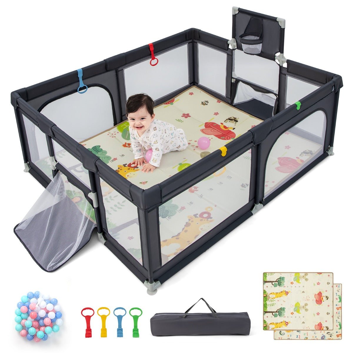 Extra Large Baby Playpen with Sports Activities - Dark Grey